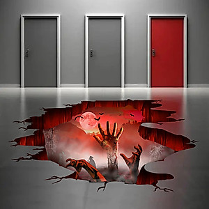 Scary Halloween Floor Wall Stickers 3D Ghost Floor Decals Art Decorations, Red Moon Cobweb Zombie Wall Floor Stickers Ghost Hands Scratching Decals for Living Room Bar Pub
