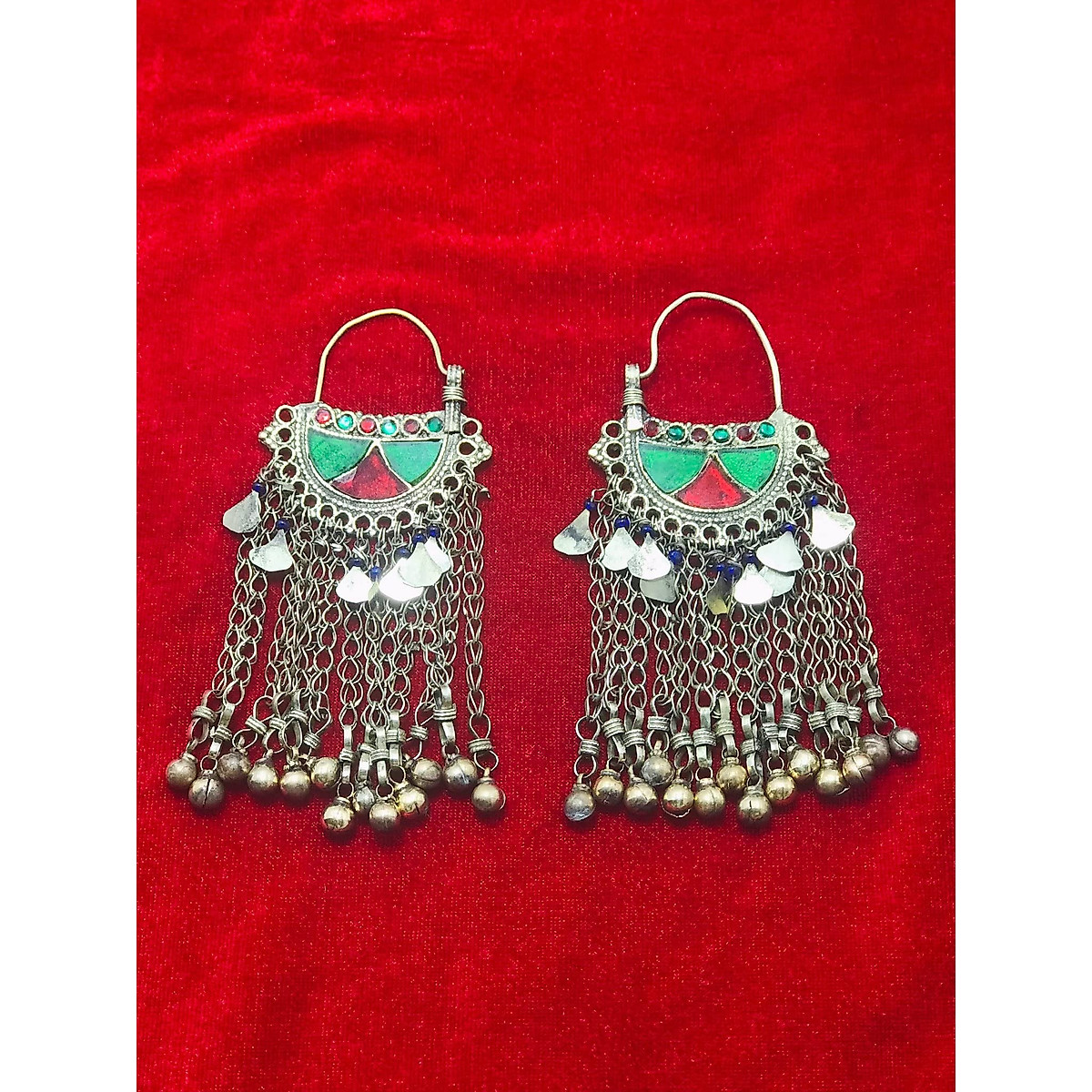 Red and Green Oversized Bells Chaandbaliyaan, Massive Kuchi Boho Earrings With Long Bells, Traditional Afghani Earrings, Vintage Jewelry