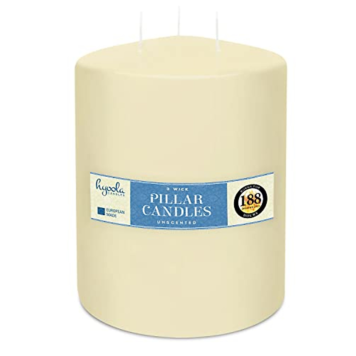 HYOOLA Ivory Three Wick Large Candle - 6 x 8 Inch - Unscented Big Pillar Candles - 188 Hour - European Made