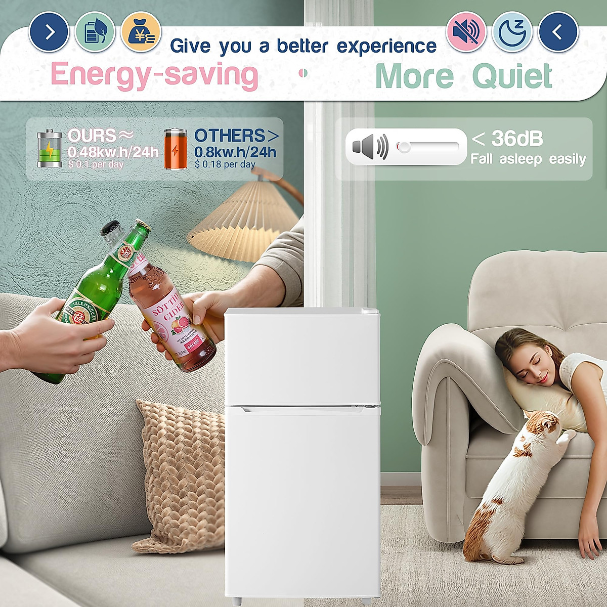 Tehanld 3.5 Cu.Ft Mini Fridge with Freezer, Double Door Small Refrigerator, Energy Saving & Low Noise, Adjustable Thermostat, Mini Fridge for Bedroom, Office, Dorm and Apartment, White