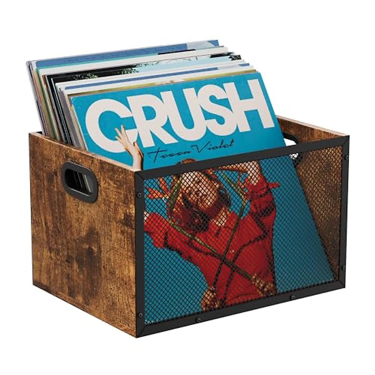 Dunatou Album Storage Box - Rustic Brown Wooden Record Crate Organizer with Handle
