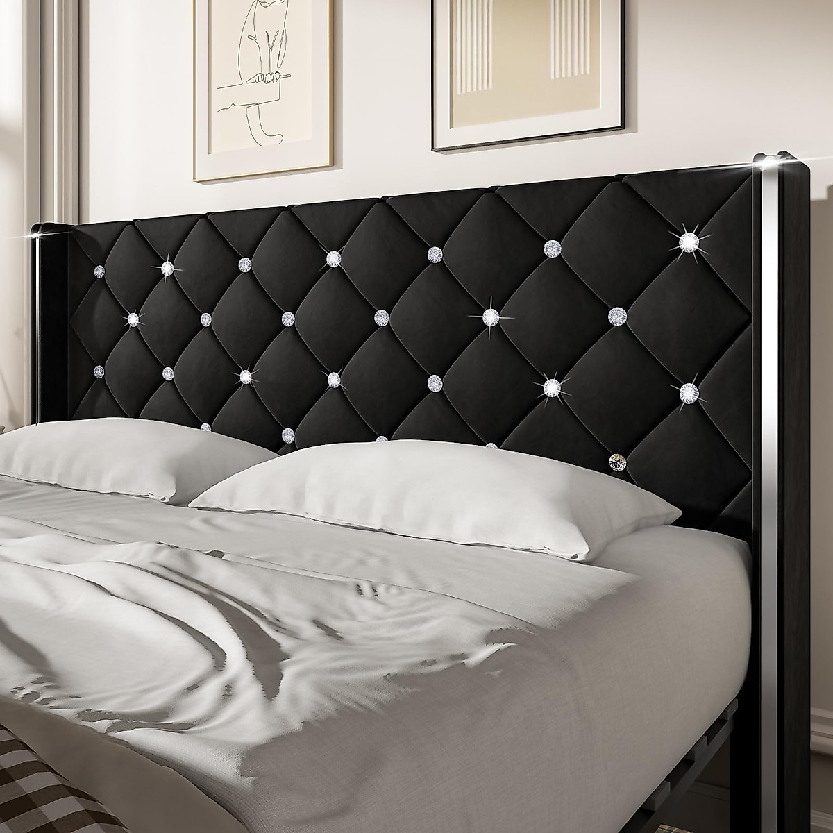 HOMBCK Queen Bed Frame with 4 Storage Drawers,Upholstered Bed Frame with Diamond Headboard and Footboard, Black Velvet Bed Frame with Wingback, Solid Wood Slats, Black