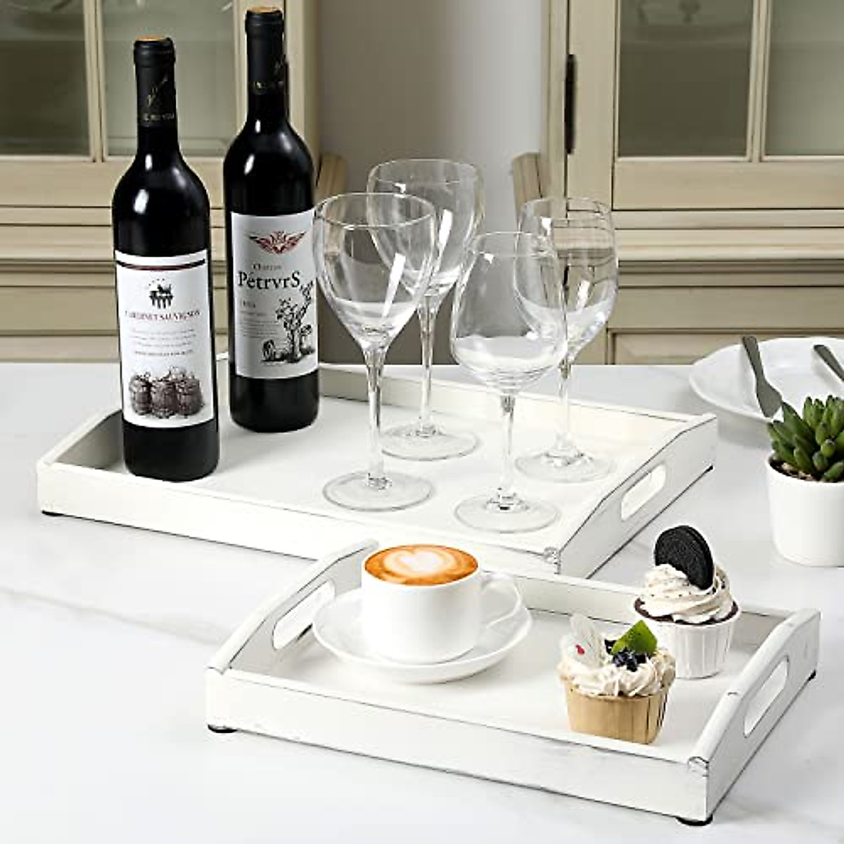 MyGift Vintage Rustic Whitewashed Wood Nesting Serving Trays/Decorative Ottoman Trays with Oval Cutout Handles, Set of 3