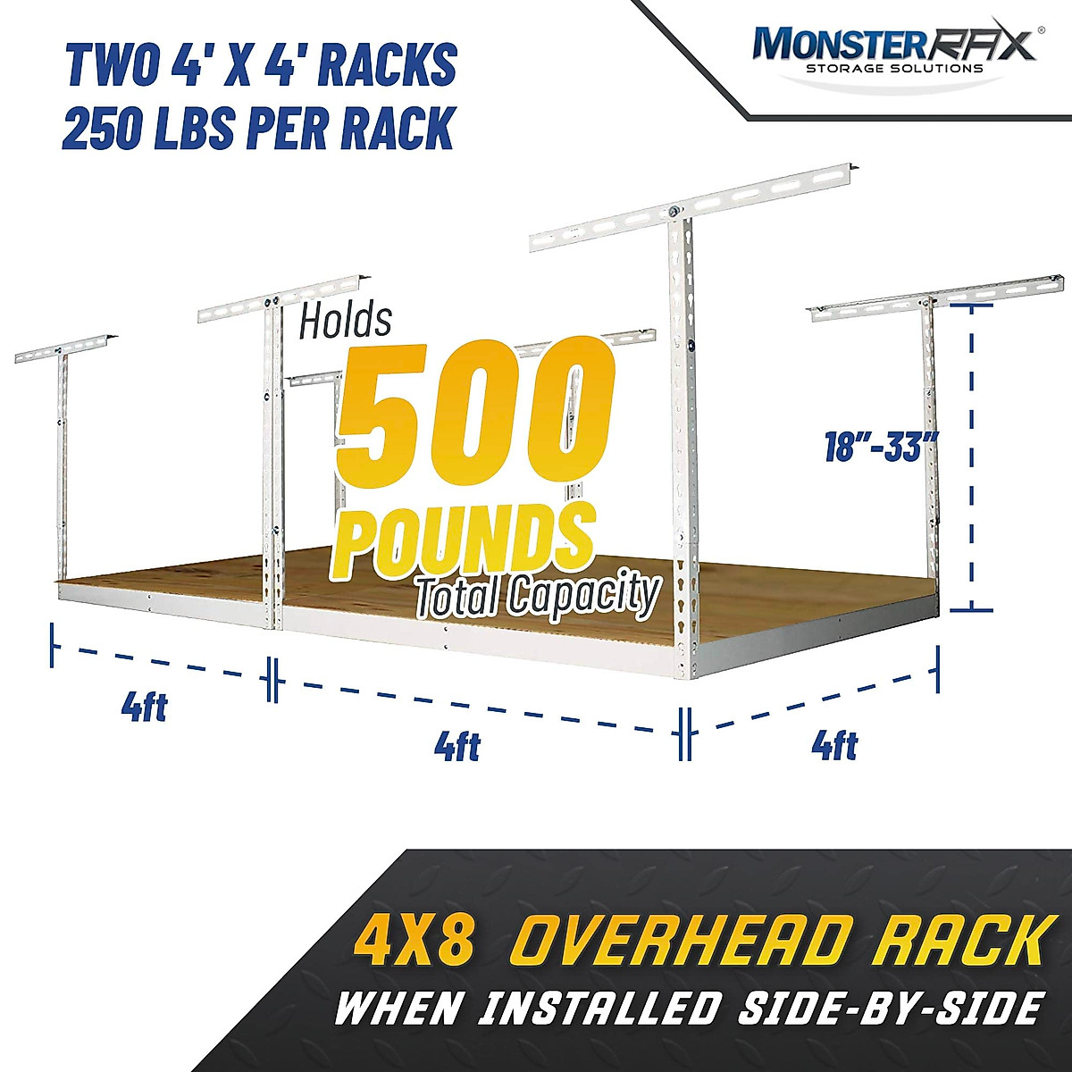 MonsterRax 4x8 Overhead Garage Storage Rack Frame Kit - Hanging Storage Shelves, Garage Ceiling Storage Rack System, Overhead Garage Organizers And Storage, Ceiling Shelving - (White, 18"-33")