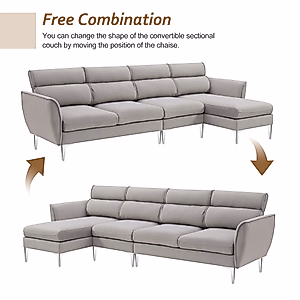 KoiHome 111" Convertible Sectional, Flannel L Shape Upholstered Living Room Couch with Left/Right Facing Handed, 5 Seats Indoor Modular Sofa Chaise for Office,Apartment, Metal Legs, Grey