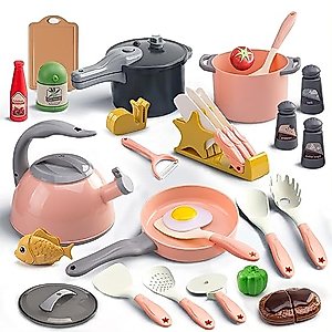 Zero Zoo 33Pcs Kids Kitchen Toy Accessories, Toddler Pretend Cooking Playset with Play Pots, Pans, Utensils, Cookware, Learning Gift for Girls Boys (Pink)