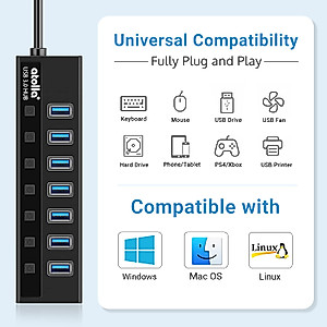 atolla Powered USB 3.0 Hub, 7 Ports USB Data Hub Splitter Plus 1 Smart Charging Port USB Extension Including Individual Switches and 5V/4A Power Adapter