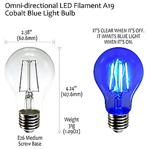AmeriLuck Cobalt Blue Colored LED Filament A19 Light Bulbs, 40W Equivalent (4W), E26 Medium Base (Blue, 2 Pack)