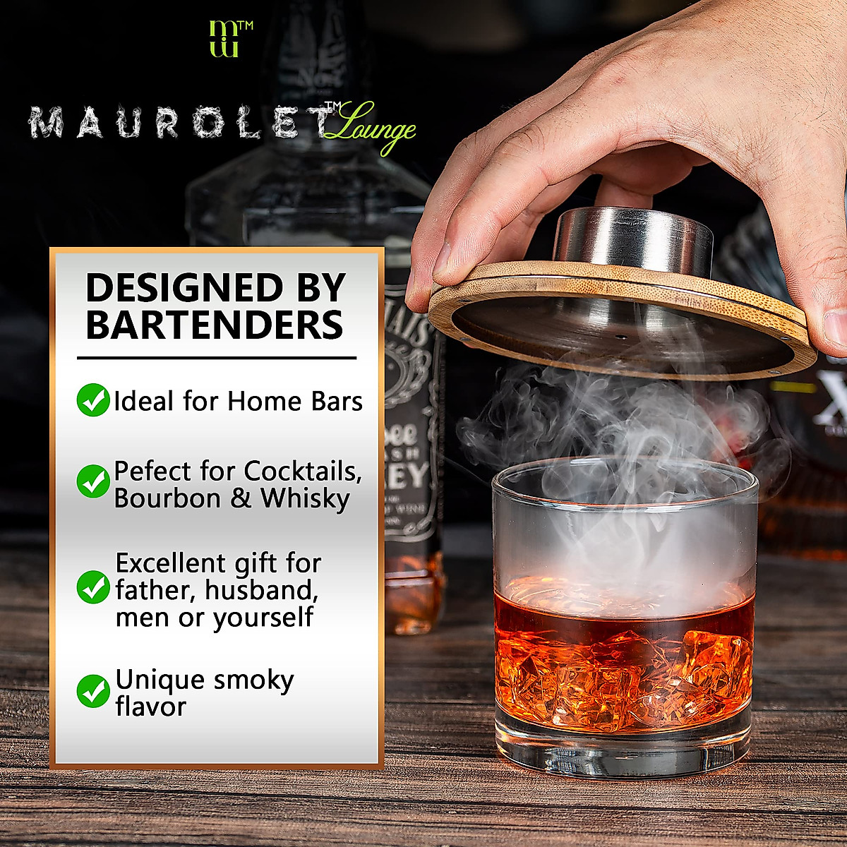 Maurolet Cocktail Smoker Kit with 4 Natural Wood Chips - Premium Non-Scorching Stainless Steel Smoke Infuser - Whiskey & Bourbon Old Fashioned Smoking Kit - Oak, Hickory, Cherry and Apple Flavours