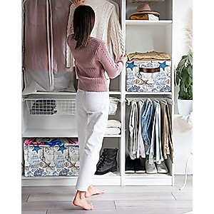 Storage Bins, Nautical Theme Marine Sail Boat Beach Starfish Shell Seashell Storage Baskets for Organizing Closet Shelves Clothes Decorative Fabric Baskets Large Storage Cubes with Handles