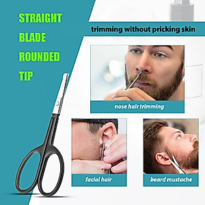 Facial Hair Small Grooming Scissors For Men Women - Eyebrow, Nose Hair, Mustache, Beard, Eyelashes, Ear Trimming Kit - Curved and Rounded Safety Tip Clippers For Hair Cutting 2PCS With Cover Black