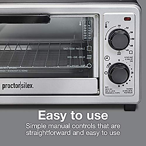 Proctor Silex 4 Slice Countertop Toaster Oven, Multi-Function with Bake, Toast and Broiler, 1100 Watts, 30 min timer and auto-shutoff, Includes Backing Pan and Rack, Black and Silver (31260)