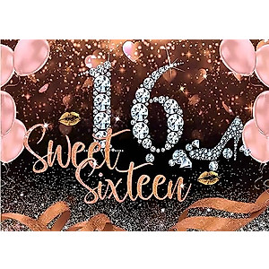 Happy Sweet 16th Birthday Backdrop Balloons High Heel Diamond Banner Backdrop Decorations for Girls Rose Gold Bokeh Sweet 16 Party Supplies Sweet Sixteen Birthday Background Photo Booth Props