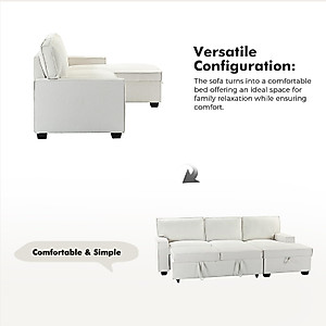 HULALA HOME Modern Sectional Sleeper Sofa, 3-seat L-Shaped Wide Couch with Storage Chaise, Pull Out Sleeper for Small Space, Living Room, Apartment and Office(White)