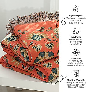 Y-PLWOMEN Boho Throw Blanket - 100% Cotton Soft Bohemian Queen Quilt Blanket for Bed, Orange Floral Reversible Throw Blanket for Couch Sofa Chair, 90"x98" Farmhouse Throw Blanket for All Season