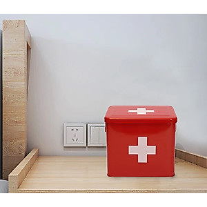 Xbopetda First Aid Kit, First Aid Medicine Supplies Bin - 2-Tier Metal Medicine Storage Tin, First Aid Box with Removable Tray for Home Emergency Tool Set-Red