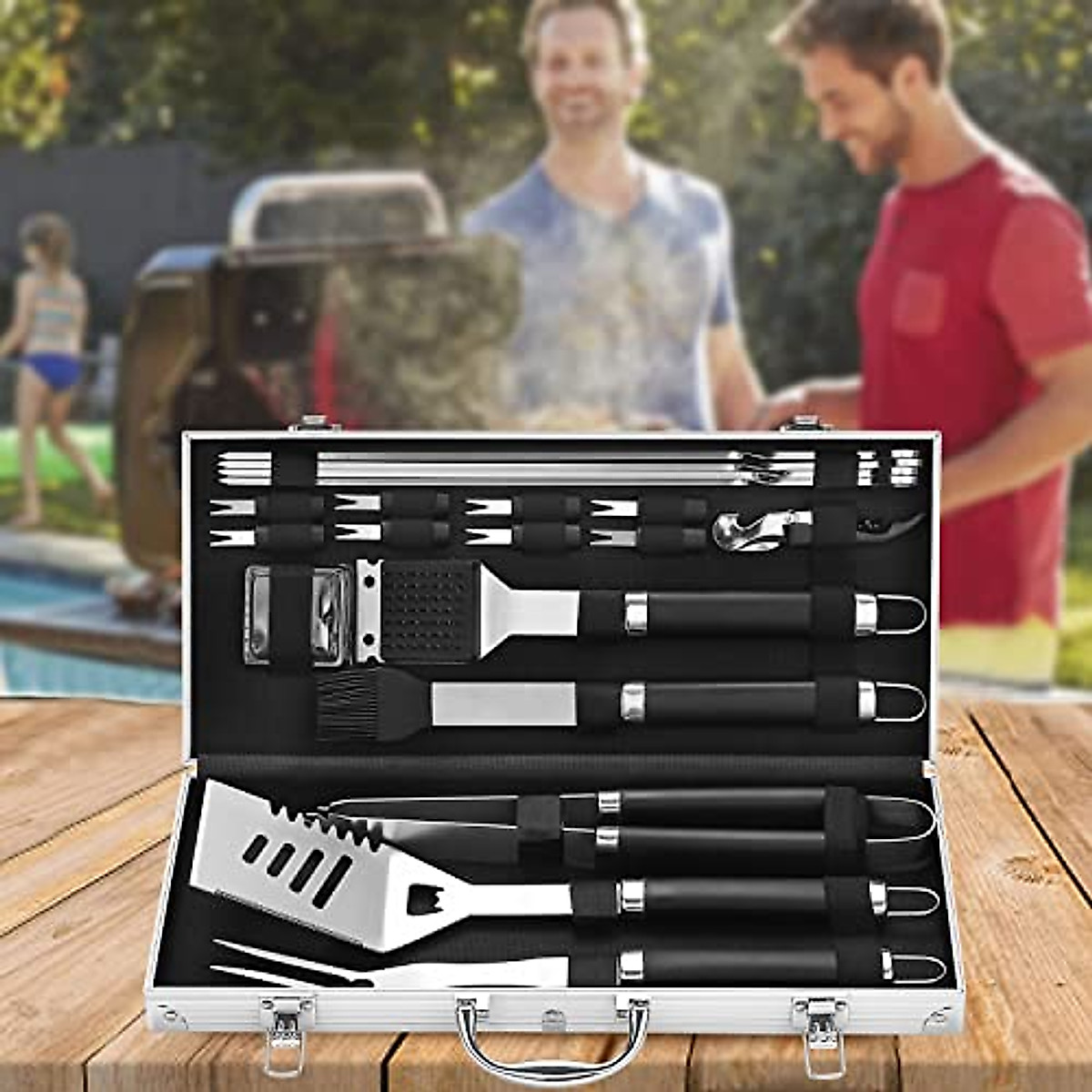 Grilljoy 20PCS BBQ Grill Tools Set - Extra Thick Stainless Steel Fork, Spatula, Tongs& Cleaning Brush - Complete Barbecue Grilling Utensils Set in Aluminum Storage Case - Perfect Grill Gifts for Men