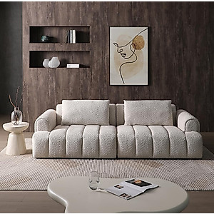 SSC SATISUNCASA 100“Modern Sectional Sofa, 4-Seater Cloud Couch Granular Fleece Velvet Upholstered Sofa Couch for Living Room/Apartment/Small Space (Beige+Solid Wood)