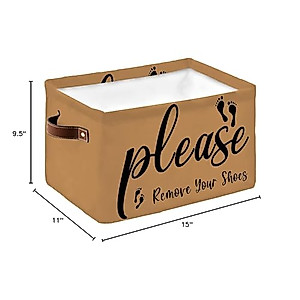 Please Remove Your Shoes Storage Basket Waterproof Cube Storage Bin Organizer with Handles, Farmhouse Brown Collapsible Storage Cubes Bins for Clothes Books Toys 15"x11"x9.5"