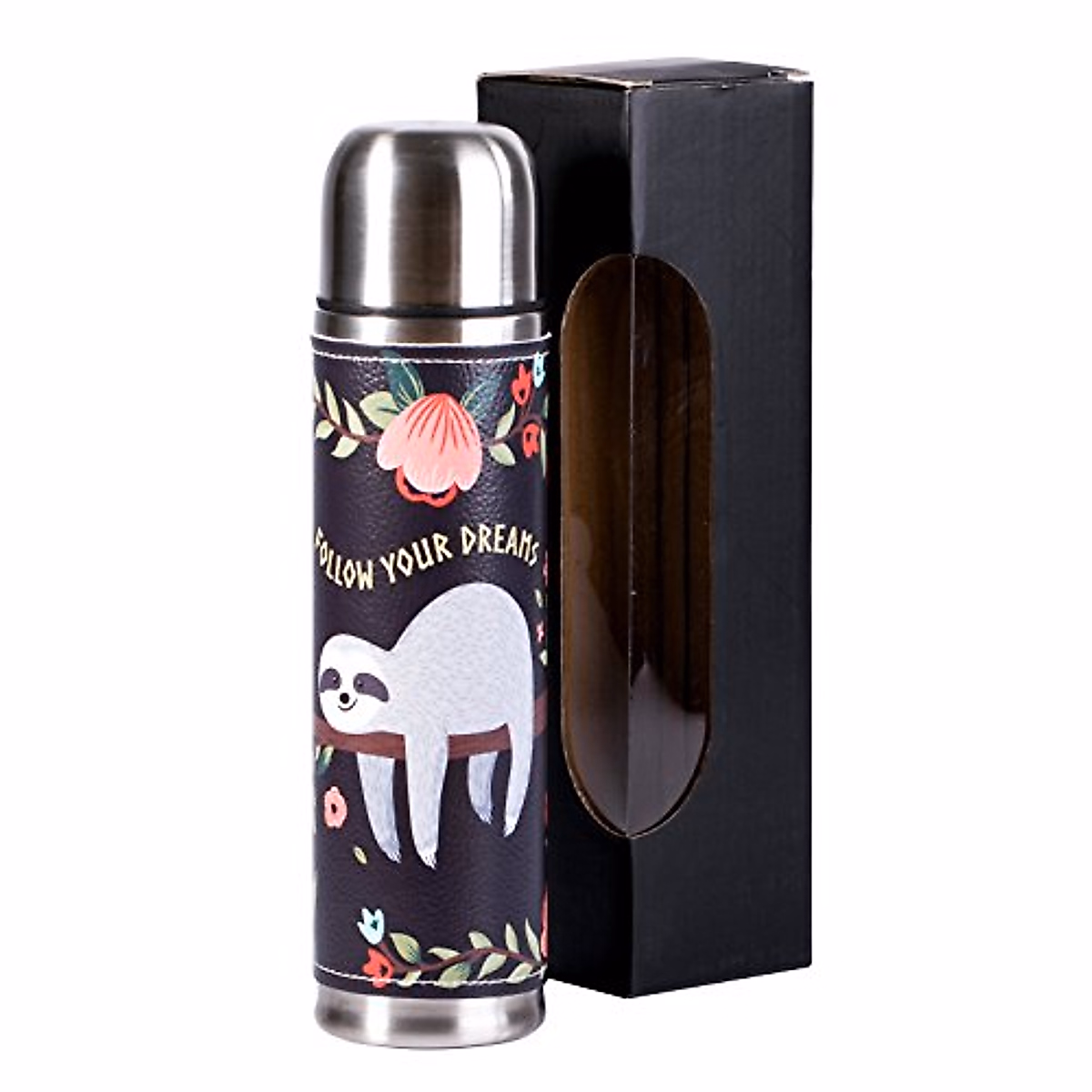 ZZKKO Sloth Follow Your Dreams Stainless Steel Water Bottle Leak Proof Vacuum Insulated Thermos Flask 17 Oz Genuine Leather Wrapped Cover