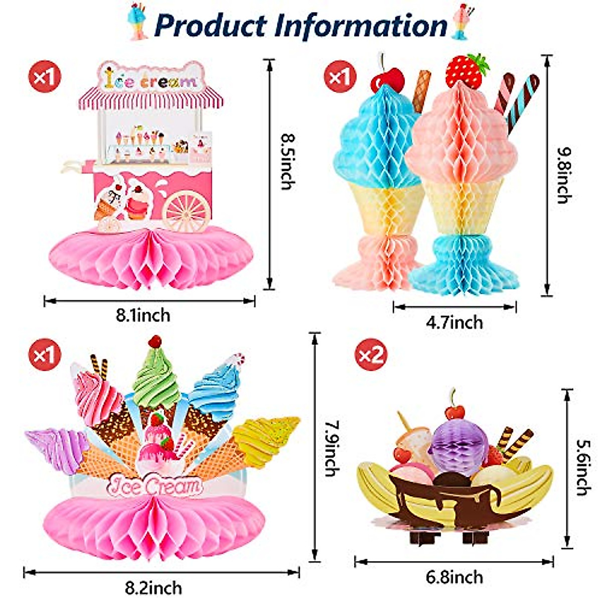 6 Pieces Ice Cream Centerpiece Ice Cream Cart Centerpiece Banana Split Centerpieces Ice Cream Decorations for Ice Cream Theme Party Birthday Baby Shower Party Supplies
