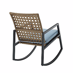 VBSQ Modern Patio Rattan Rocking Chair - Light Brown/Blue Slirr Chair Rocking Chair Rocker Chair Rocker Camp Chair Rocker Recliner Rocking Camp Chair Rocking Chairs Outdoor Rocking Chair