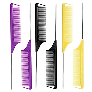 6Pcs Steel Pin Fine Tooth Rat Tail Women's Hair Braiding Combs, Parting Tools for Salon Stylists (Purple, Black, Yellow)