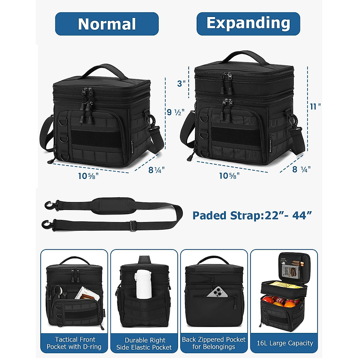 RalChyez Tactical Lunch Box for Men, Large Insulated Lunch Bag Expandable Double Deck Cooler Leakproof Waterproof Lunch Pail for Adult Women Work Office Shifts Picnic Travel Black