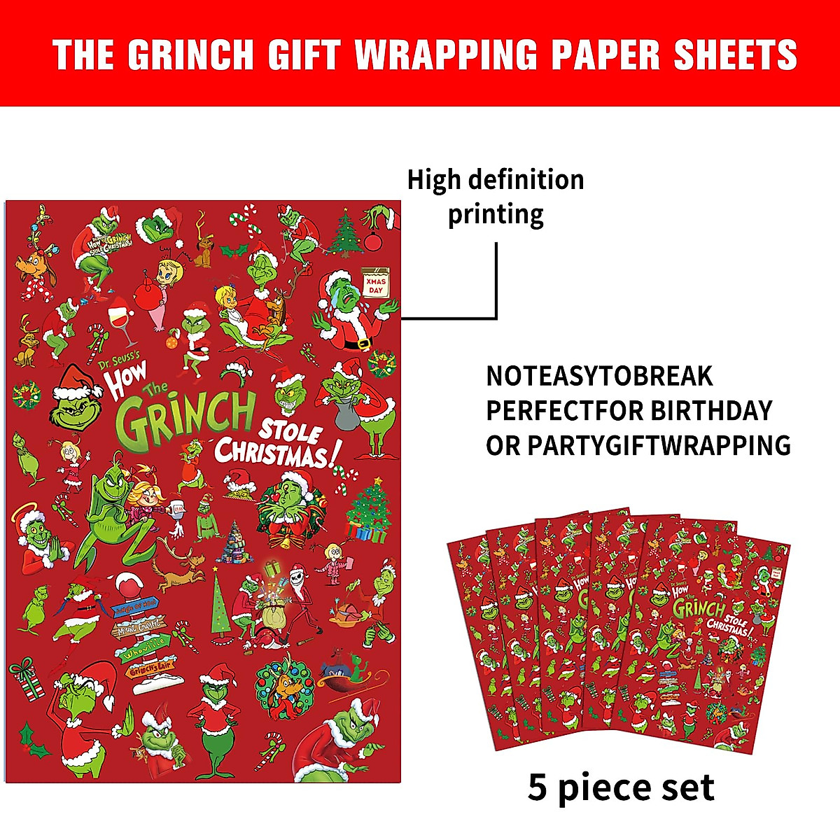 GHONXEUR 5 Pcs Christmas Wrapping Paper Gift Wrap Bulk Art Paper Folded Flat for Baby Shower Birthday Party Decorations Wedding DIY Crafts Gift Packing, 20 x 30 Inch