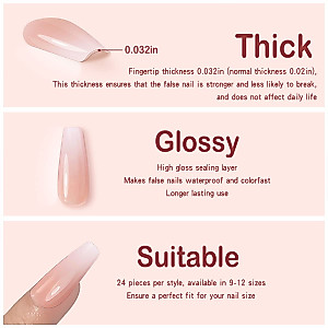 Yivaiks 24pcs Advanced Hand Made Glitter Gradient Pink Press on Nails Medium Length,Luxurious Crystal Gem Design Ballerina Long Coffin Fake Glue for Women Acrylic Perfect Accessory Banquets, Soirees, Parties(GD-004)