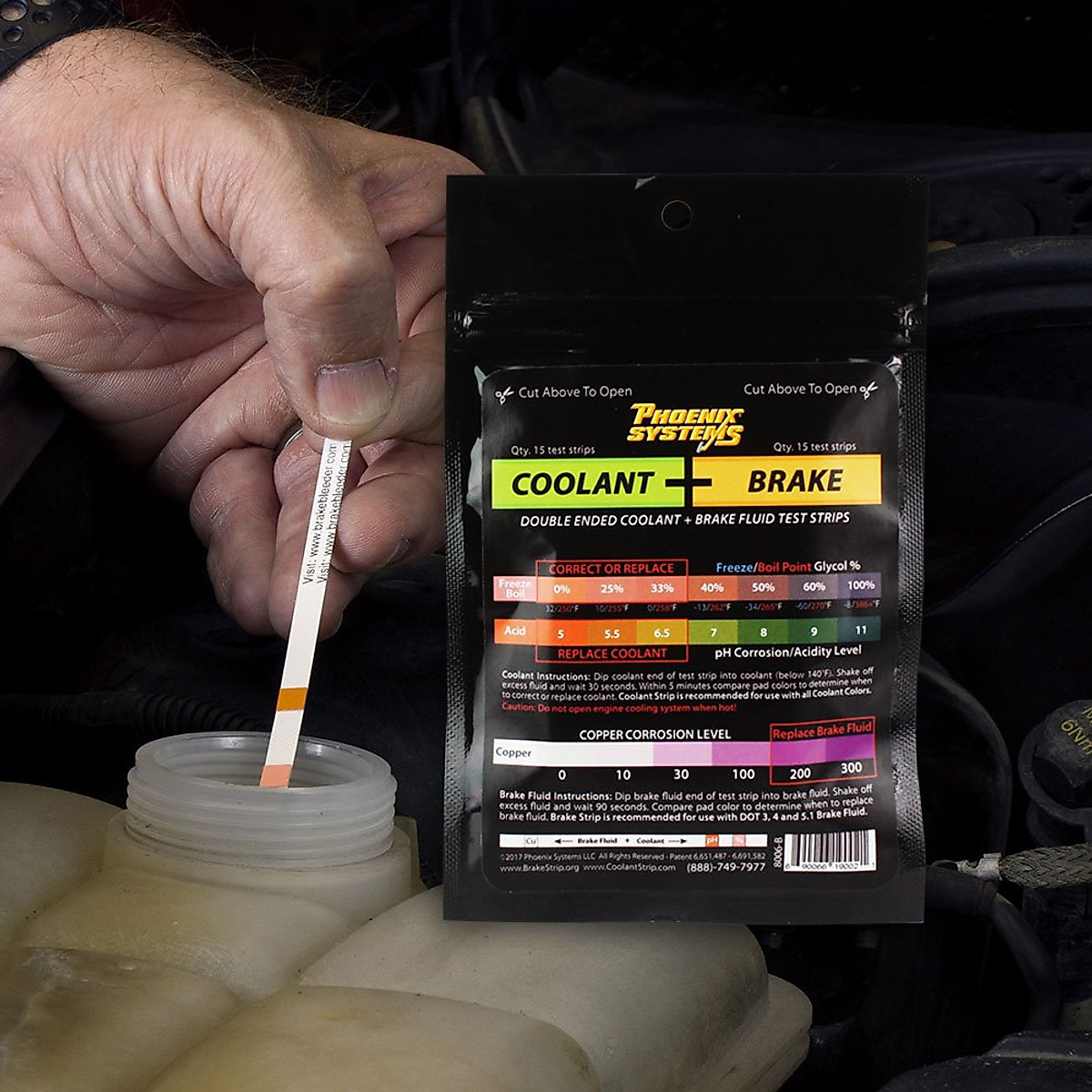 Phoenix Systems 8006-B Double-Ended Brake Fluid + Coolant Test Strips (15 foil wrapped test strips), 1 Pack