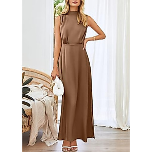 PRETTYGARDEN Women's Long Formal Satin Dress Mock Neck Sleeveless Side Slit Flowy Maxi Tank Dresses (Brown,Medium)