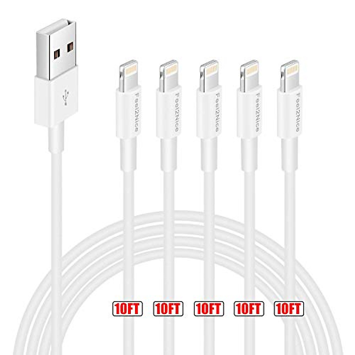 iPhone Charger Fast Charging[Apple MFi Certified] 5pack 10FT Long Lightning Cable Fast High Speed Data Sync iPhone Charger Cord for iPhone 14/13/12/11 Pro Max/XS MAX/XR/XS/X/8/7/Plus airpods (White)