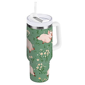 Wusikd Cute Pink Pig Tumbler Handle Lid and Straw Flowers Water Bottle Stainless Steel Coffee Travel Tumbler Mug Cup Gifts for Men Women 40oz