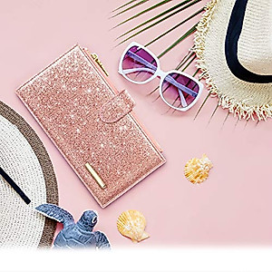 Womens RFID Blocking Pink Glitter Leather Multi Card Organizer Bifold Pink Wallet with Zipper Pocket,Rose Gold
