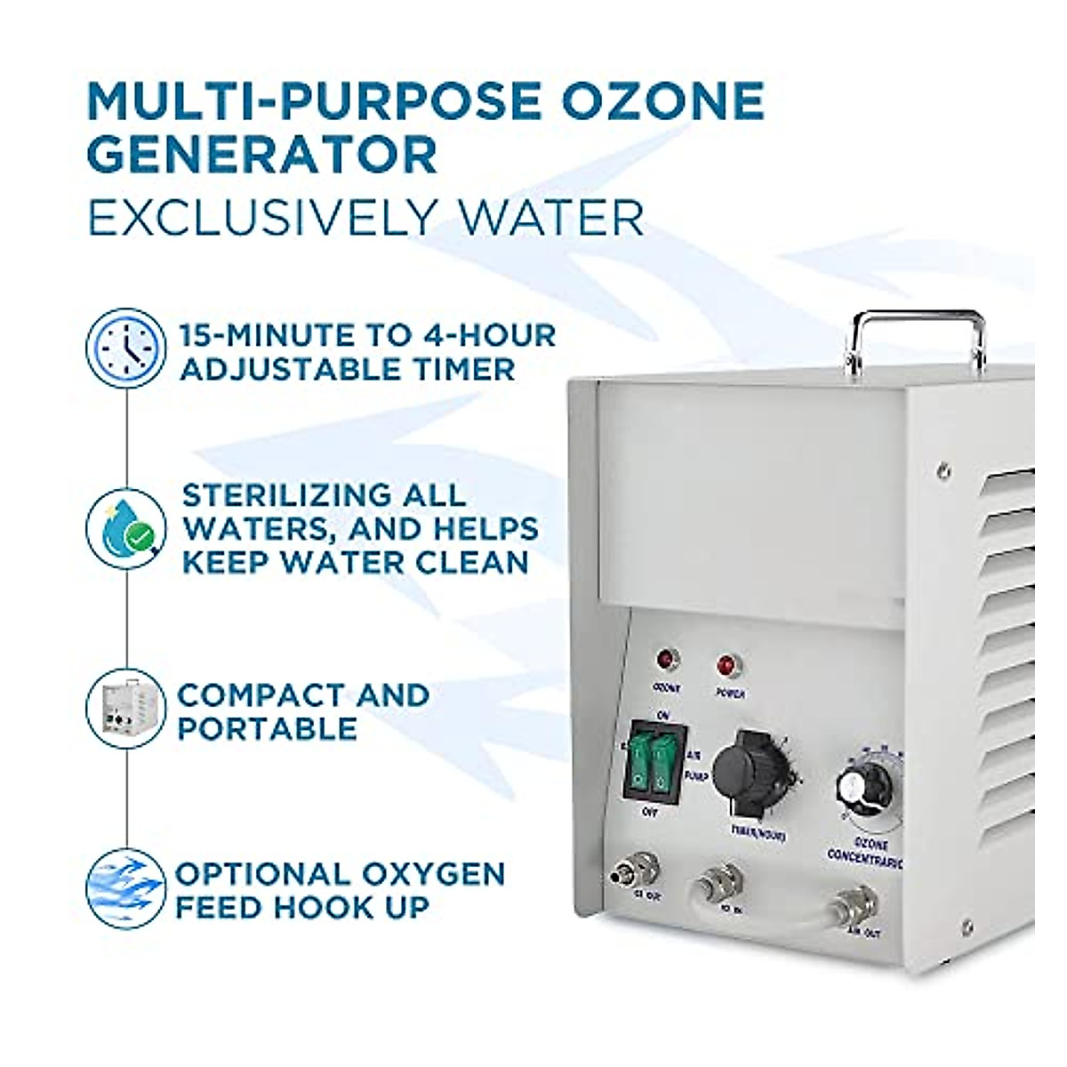 MP-3000 Ozone Generator, Light-Duty Ozonator, for Water-use with optional oxygen Hookup, up to 3000 mg/hr, with Timer Function