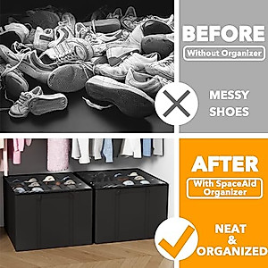 SpaceAid Shoe Organizer for Closet, 2 Pack Foldable Shoe Storage Containers Baskets Boxes Bins w/Adjustable Dividers, Fits 16-32 Pairs, Black