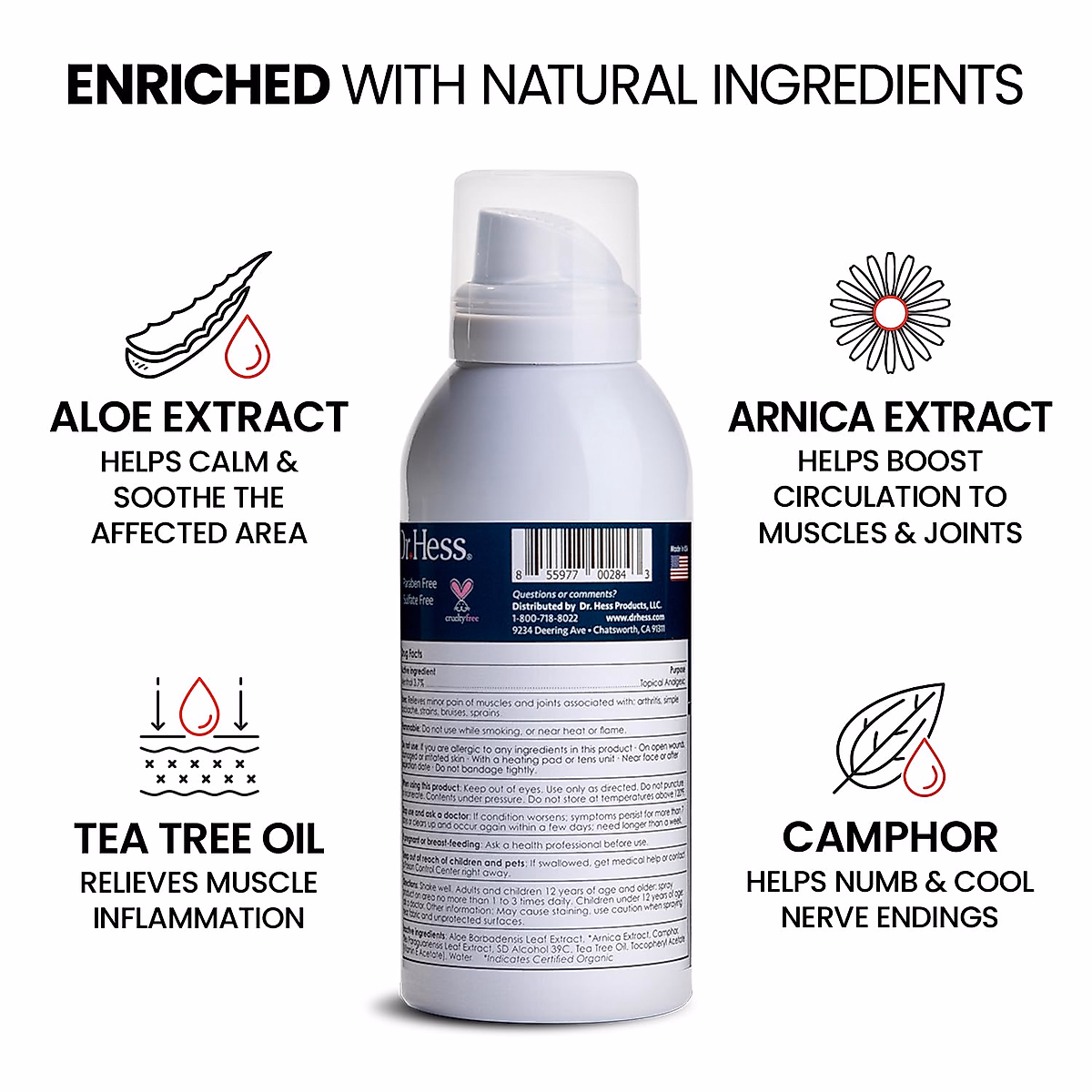 Dr. Hess Spray, Extra Strength Natural Joint & Muscle Relief for Sports Injuries, Arthritis, Swelling & Aching, with Aloe, Arnica, Tea Tree Oil & Camphor, Travel Size, 3.4 Oz (96g)