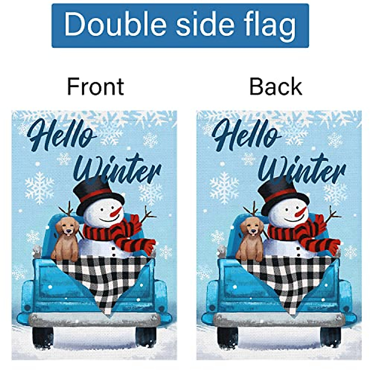 Hello Winter Garden Flag 12x18 Double Sided, Burlap Small Vertical Buffalo Check Plaid Winter Truck Garden Yard House Flags with Snowman Dog for Winter Outside Outdoor Decoration (ONLY FLAG)