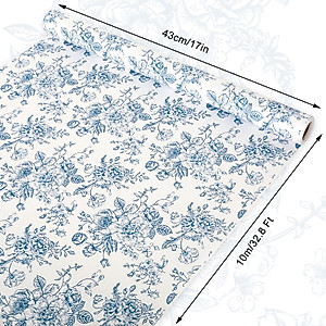 JarThenaAMCS Floral Wrapping Paper Mini Roll 17in x 32.8Ft Blue White Flowers Gift Wrap Paper Chinoiserie Paper for Birthday Wedding Baby Shower Holiday Party Wrapping Supplies