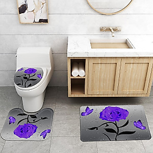 Planially 4Pcs Purple Rose Flower Shower Curtain Sets,Rose Flower Bathroom Sets with Shower Curtain, Toilet Lid Rug, Contour Mat and Bath Mat, 12 Hooks for Bathroom Set Decor,72 * 72In