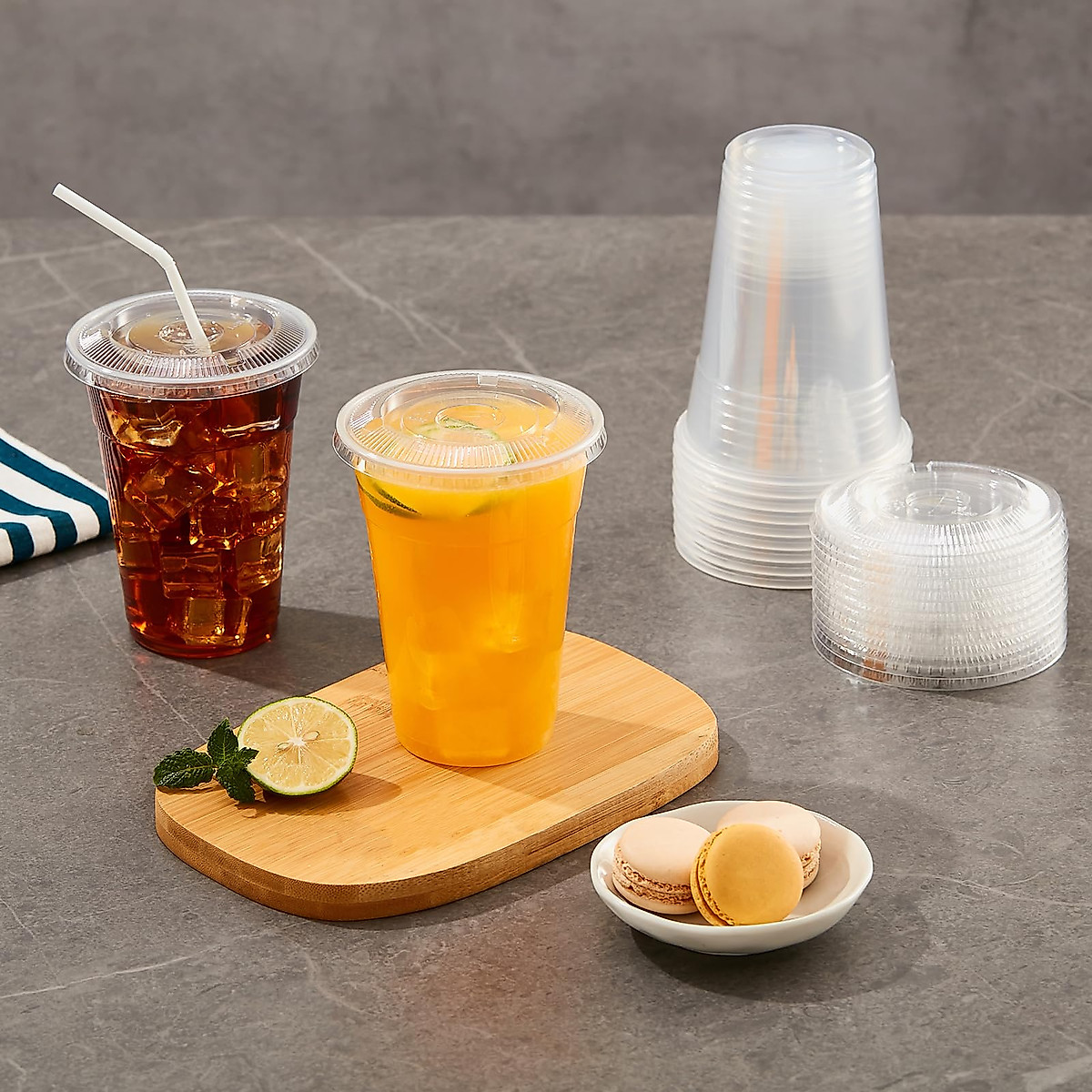 JOLLY PARTY 100Pack 16 oz Clear Plastic Cups With Flat Lids, Disposable Clear Cups with Straw Slot Lids, Crystal Clear Disposable Drinking Cups for Juice Ice Cream Milkshake Iced Coffee Cold Drink