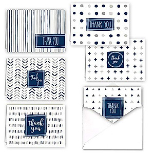 Navy Patterns Thank You Folded Assortment Card Pack - Set of 36 Cards, 6 Designs - 6 Cards per Design, 4 7/8'' x 3 1/2''. Blank Inside. Made in The USA. Blank White envelopes Included.