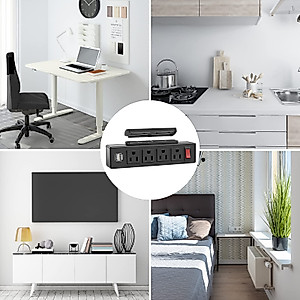 HHSOET Under Desk Power Strip with 4 Outlets and USB Ports, Under Desktop Charging Outlet Station, on Desk Mount Plug with 3M Adhesive, Underneath Table Mountable Power Outlet with 6 FT Cord. (Black)