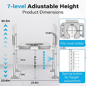 Raised Toilet Seat with Handles, 350lbs 7 Adjustable Height Elevated Toilet Seat Riser with Cozy Padded, Toilet Safety Frame Toilet Helper for Seniors, Handicap, Pregnant, Fit Any Toilet