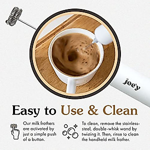 Froth'y, High-Grade Milk Frother, Automatic Stainless-Steel Frother for Coffee & More, Frother Handheld Device with a Double-Whisk Wand, Battery-Powered Drink Frother with a Travel Case, White - Joe’y