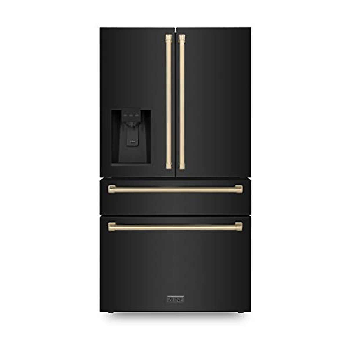 ZLINE 36" Autograph Edition Freestanding French Door Refrigerator with Water and Ice Dispenser in Fingerprint Resistant Black Stainless Steel with Champagne Bronze Handles (RFMZ-W-36-BS-CB)