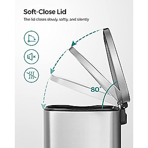SONGMICS 13 Gallon Trash Can, Stainless Steel Kitchen Garbage Can, Recycling or Waste Bin, Soft Close, Step-On Pedal, Removable Inner Bucket, Silver ULTB050E01