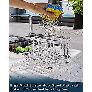 Consumest Kitchen Sink Organizer Sink Caddy with Cloth Holder & Drip Tray, 304 Stainless Steel Sink Sponge Organizer for Kitchen Caddy, Multifunctional Kitchen Sponge Caddy for Dishcloth Brush