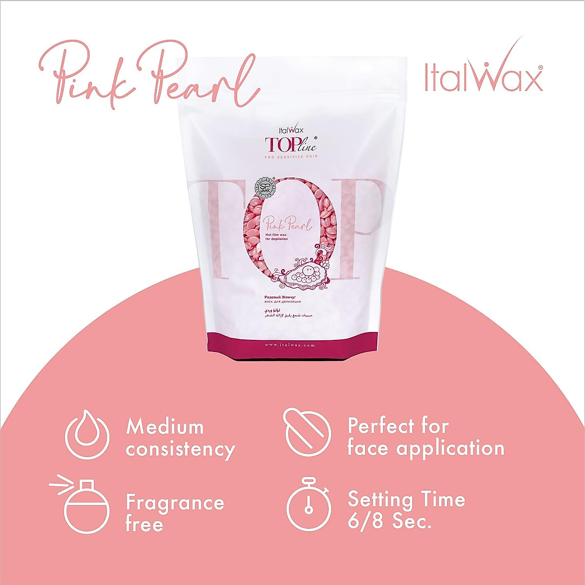 Italwax Top Line Pink Pearl - 750g / 1.65lb - Hard wax beads for hair removal - Unscented - Synthetic formulation ideal for sensitive skins - Recommended for Bikini Area and Armpits